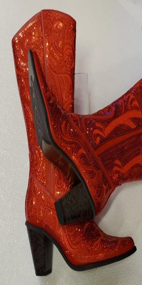 Red Tall Sequin Bling Western Boots – 5 GRANDS BOUTIQUE